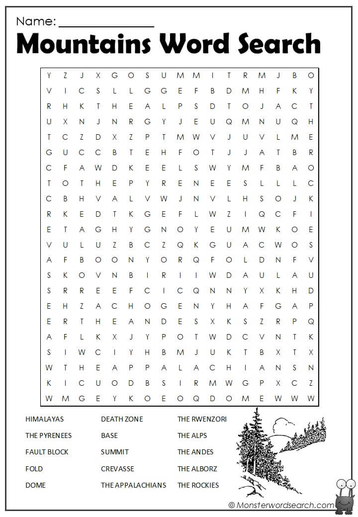 mountains word search - Monster Word Search