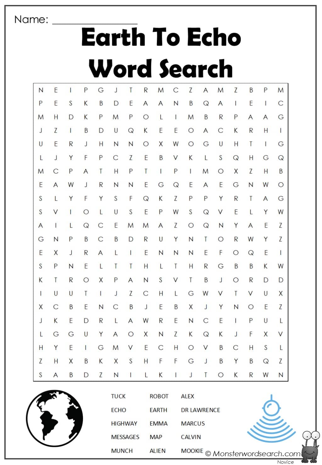 earth to echo word search - Monster Word Search
