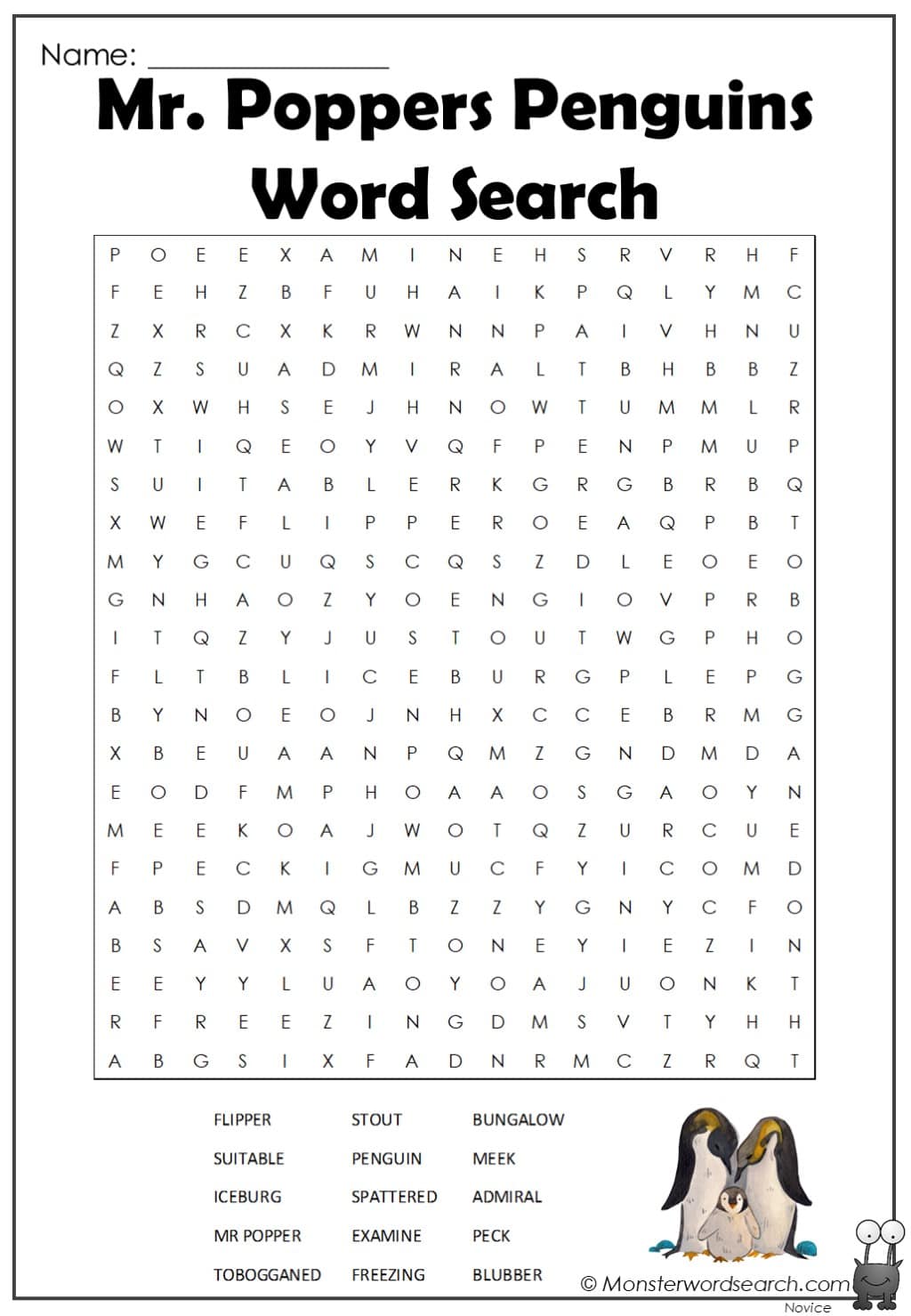 mr poppers penguins word search - Monster Word Search