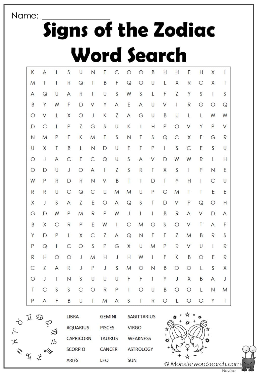 Signs of the Zodiac Word Search - Monster Word Search